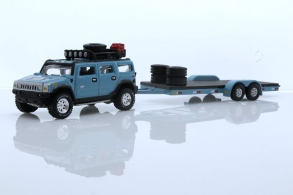 Diecast 2004 Hummer H2 Flatbed Equipment Trailer Car Hauler 1:64 Scale Blue