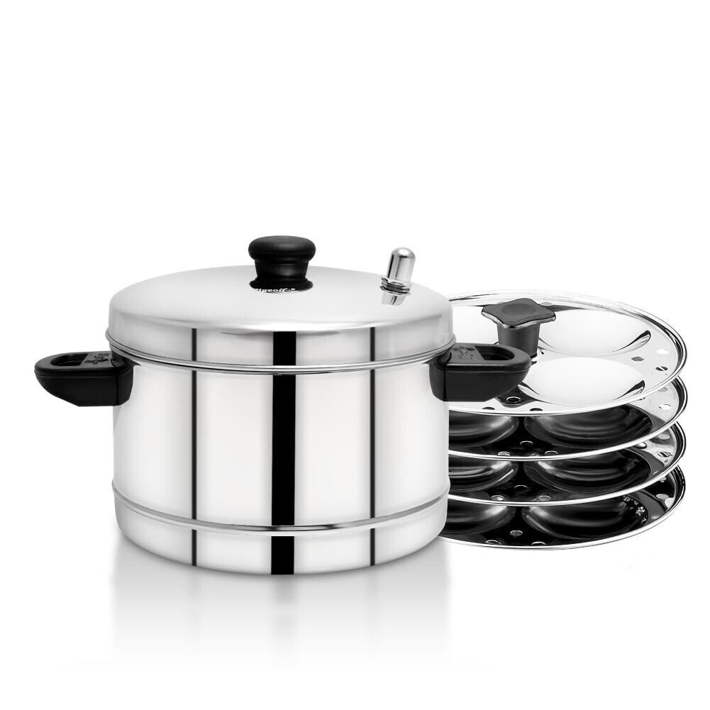 Stainless Steel Idly Cooker Pot Steel Idli Maker with Silver Lid 4 Plates
