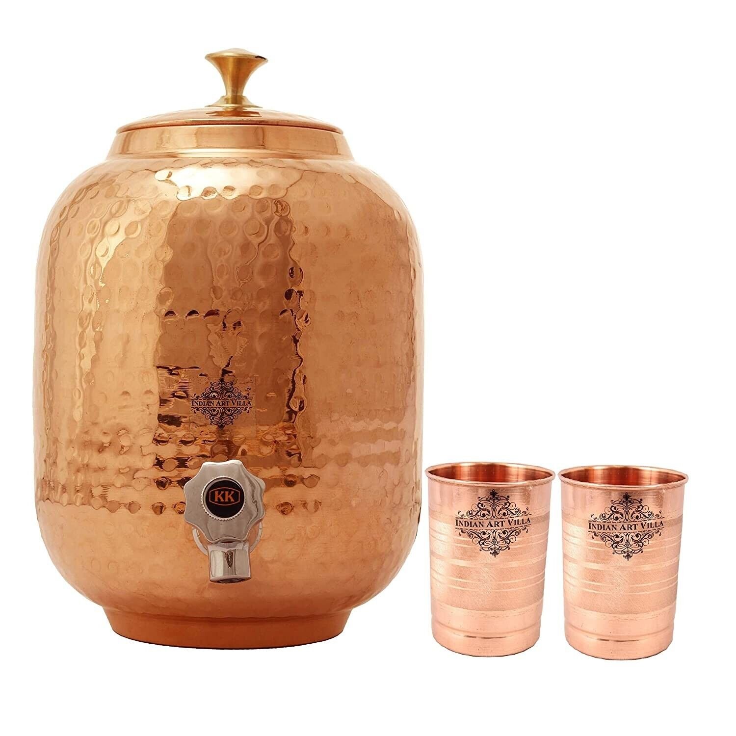 Pure Copper Water Dispenser Container Pot Matka with 2 Glass Tumblers ...
