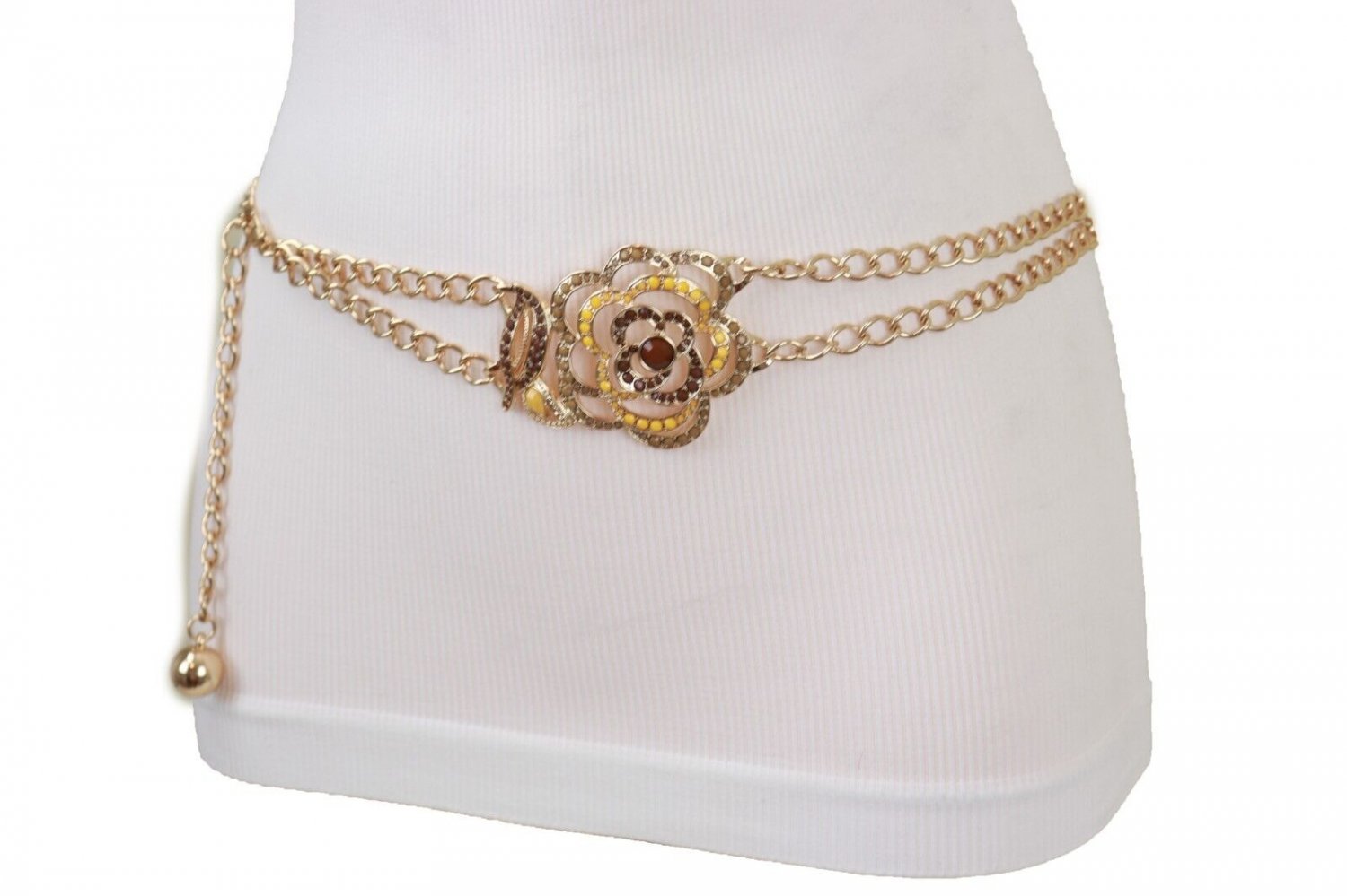 Women Gold Metal Chain Link Belt Hip Waist Yellow Brown Flower Charm ...