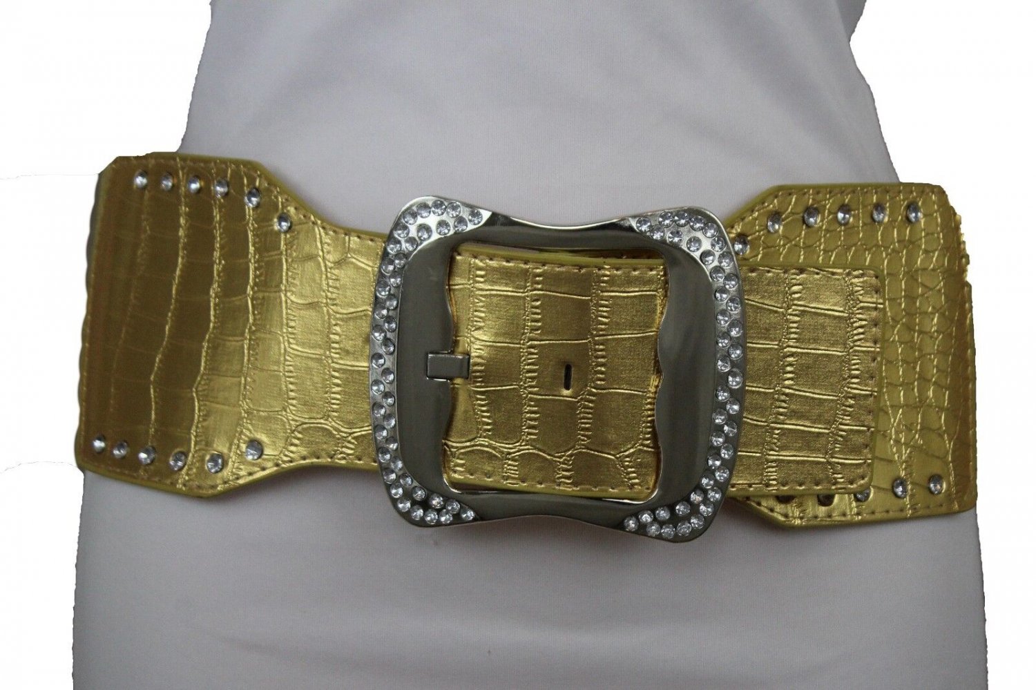 Women Metallic Gold Wide Faux Leather Silver Metal Buckle Fashion Belt ...