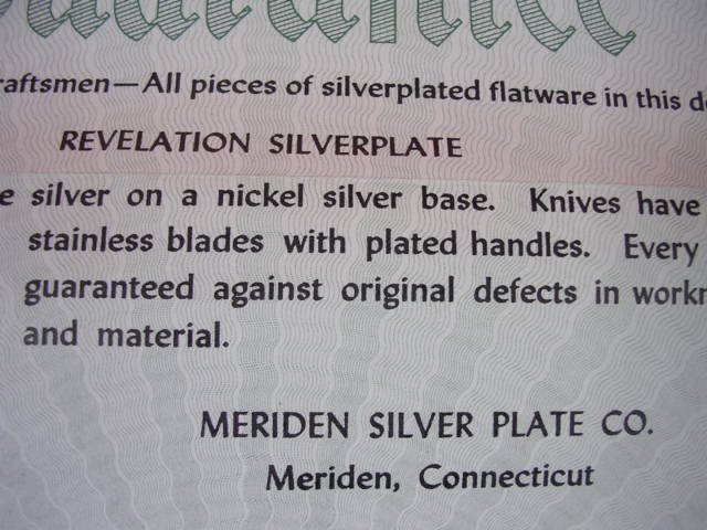 MERIDEN SILVER PLATE CO REVELATION SILVERPLATE GUARANTEE FLATWARE ...