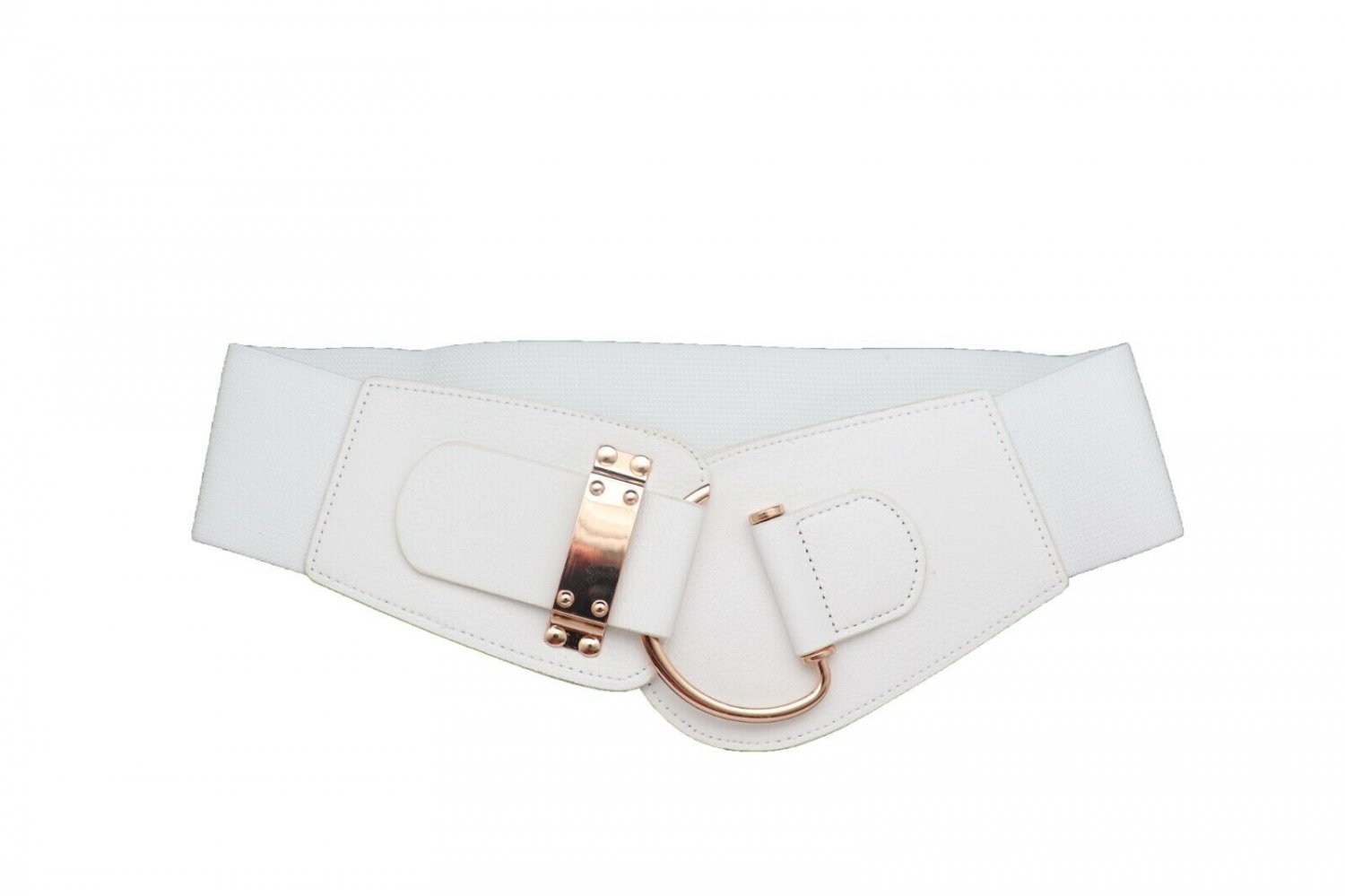 Women White Elastic High Waist Hip Wide Fashion Belt Gold Metal Hook ...