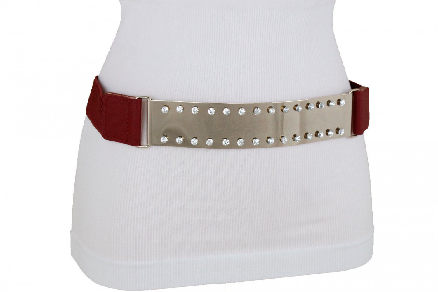 Hot Women Dark Red Wine Stretch Waistband Belt Gold Metal Plate Bling ...