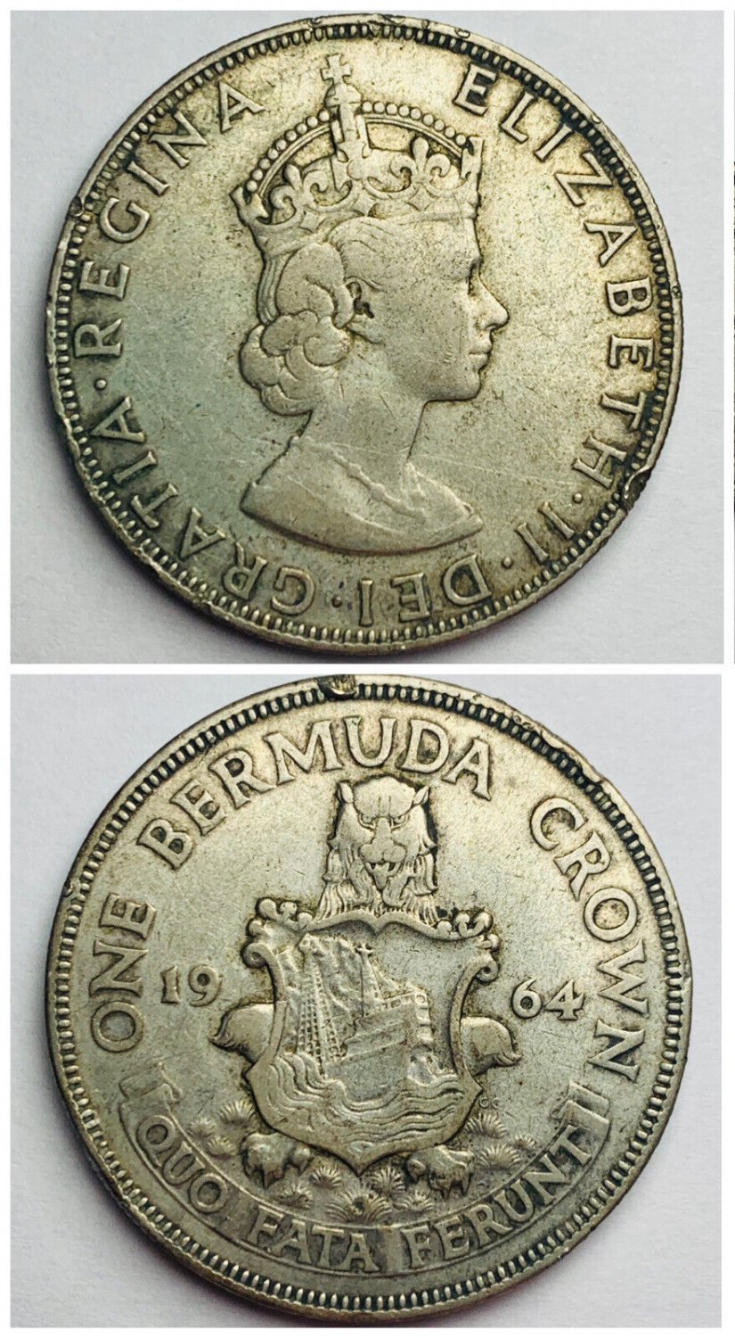 1964 Bermuda Silver Crown Queen Elizabeth II World Coin 50% Silver Lion ...