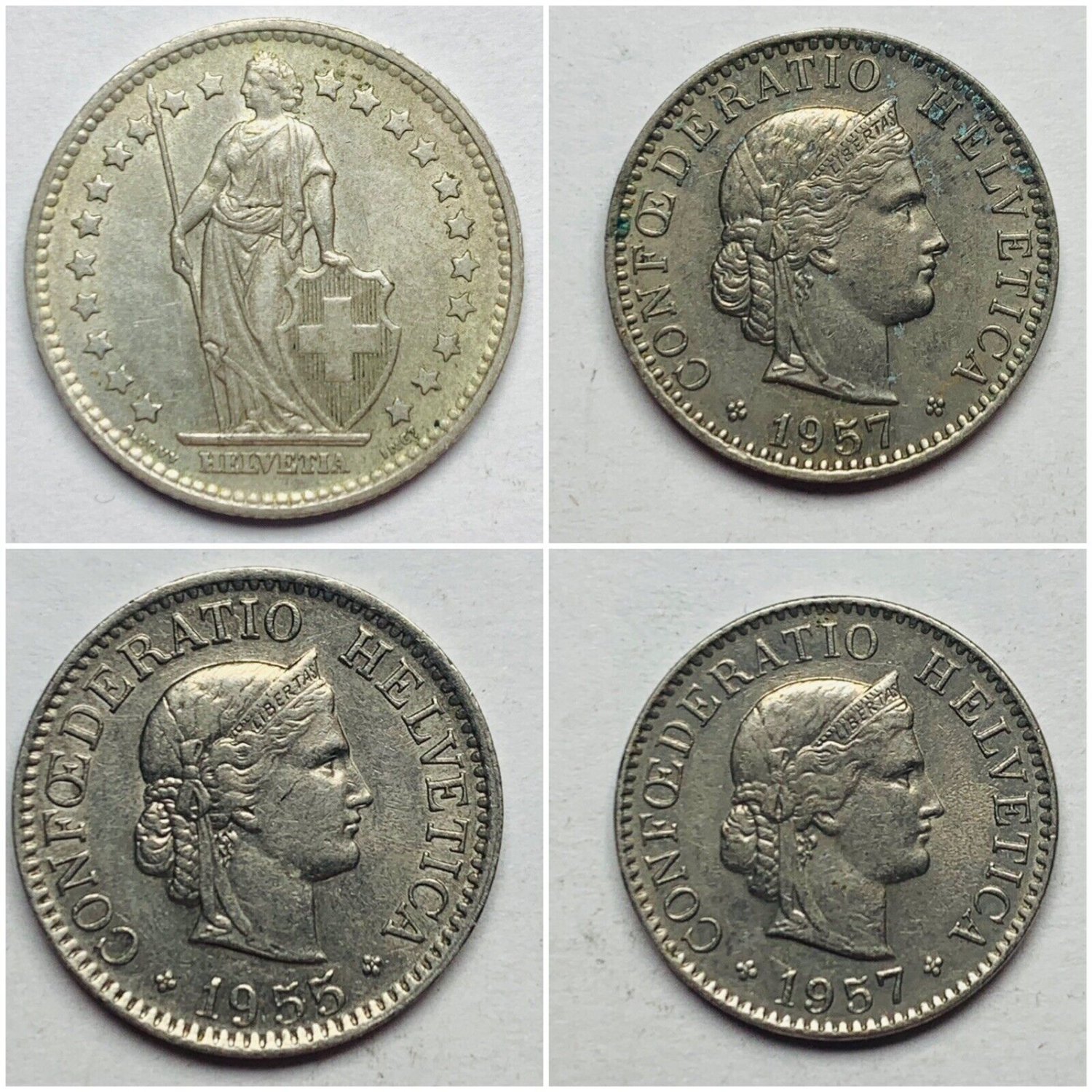 1955-57 Switzerland Coin Lot Silver 1 Franc, 20 Rap, 10 Rap, 5 Rap