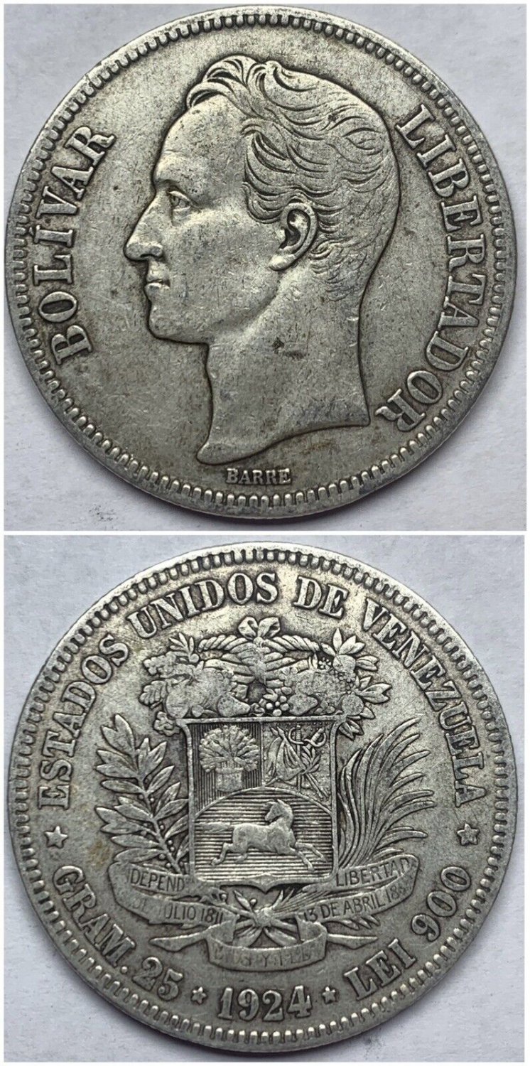 1924 Venezuela 5 Bolivares Large Silver Coin Bolivar Liberator Libertad ...