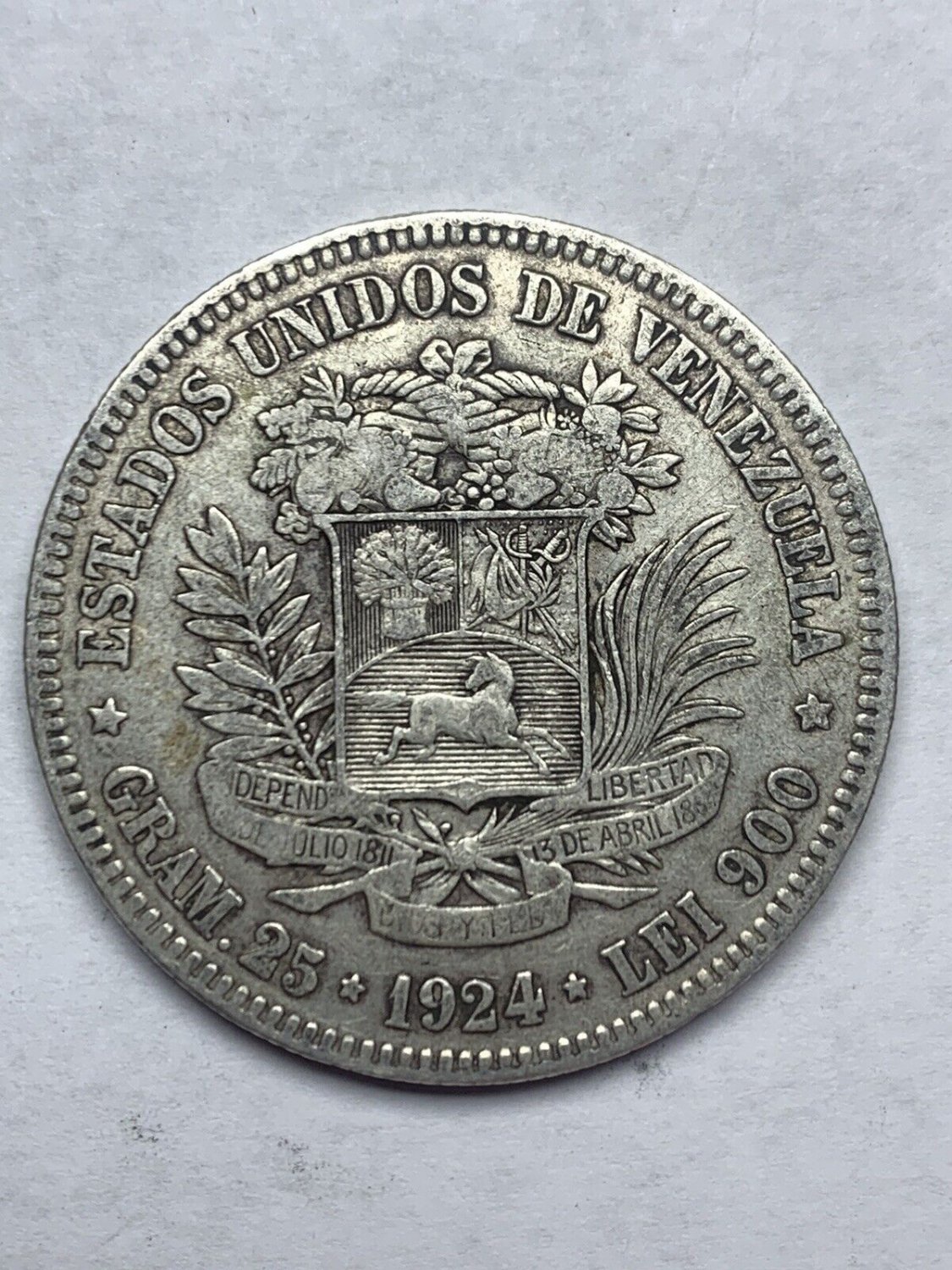 1924 Venezuela 5 Bolivares Large Silver Coin Bolivar Liberator Libertad ...