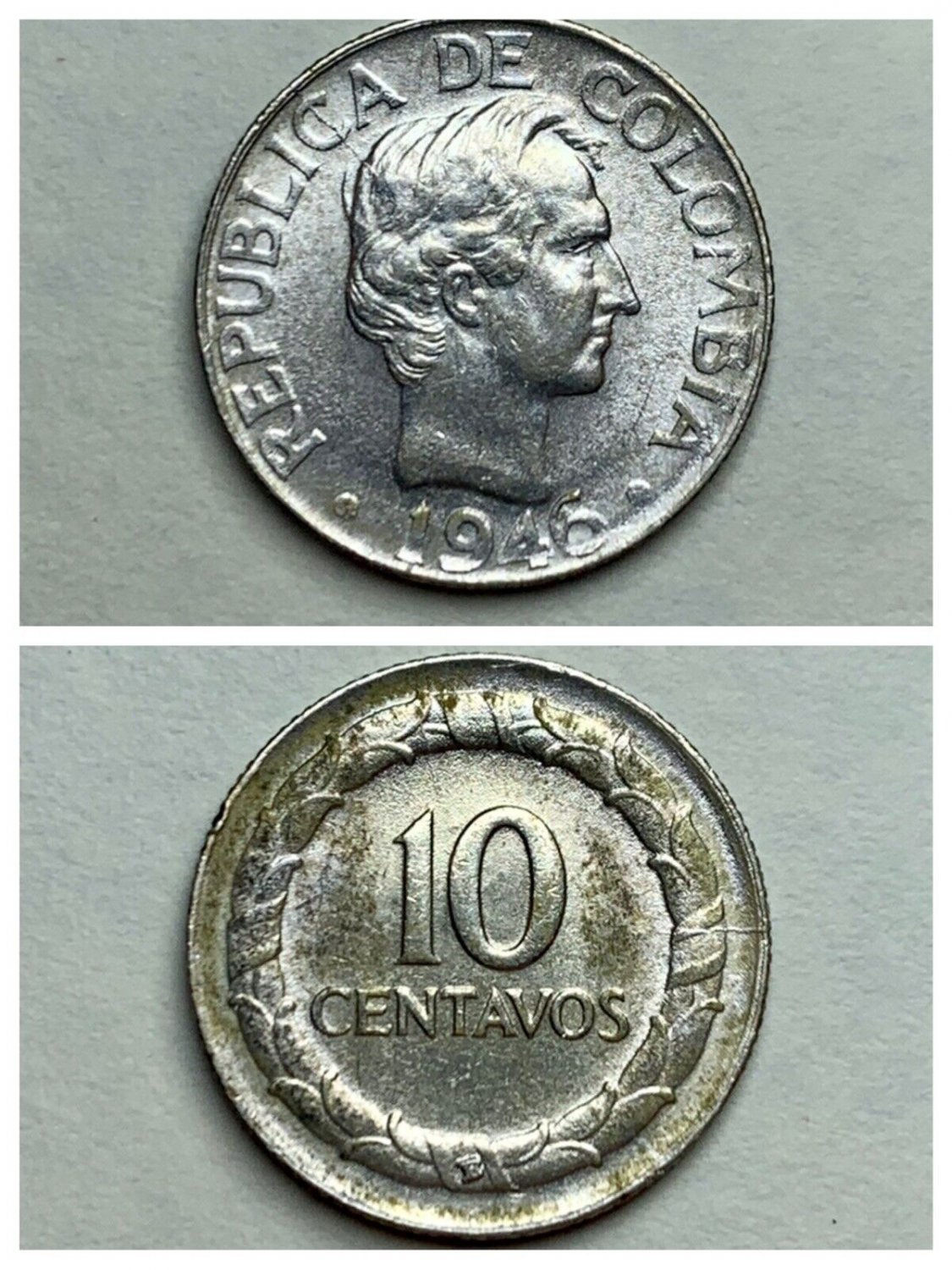 Beautiful Unc 1946-B Colombia Silver 10 Centavos Francisco Santander KM ...