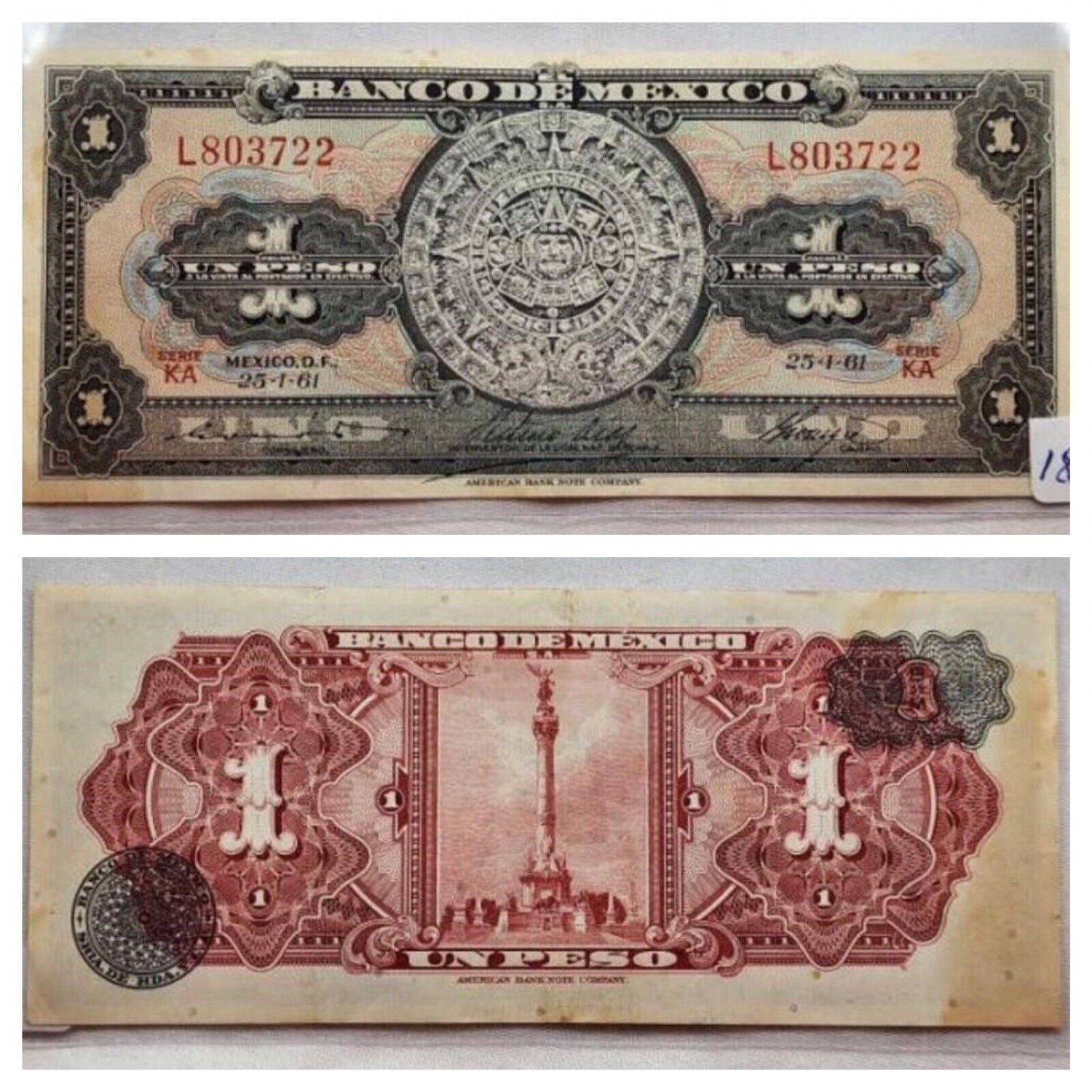 UNC Mexico One Peso Banknote Series KA SN: L803722 P-59 Aztec Sun Stone ...