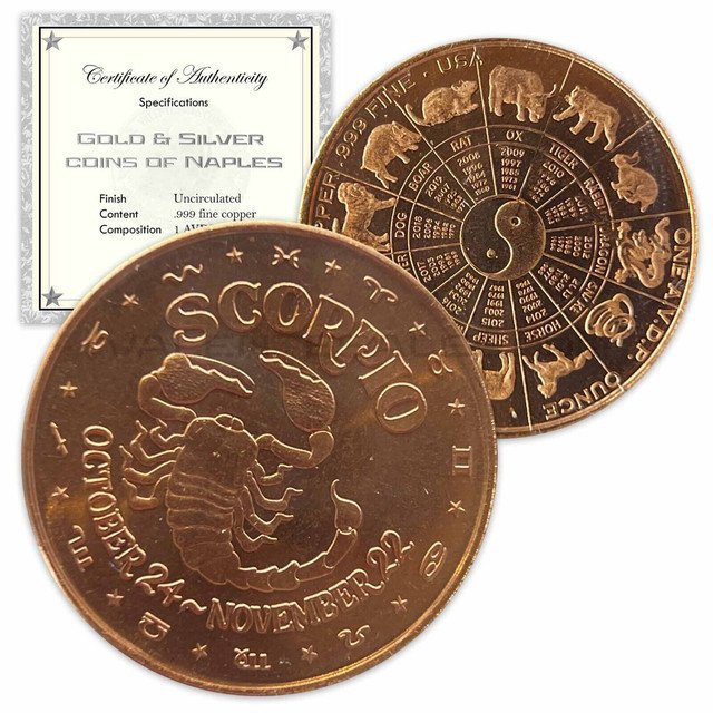 1 US Coin Scorpio 1 oz Copper Round in a capsule and gift bag