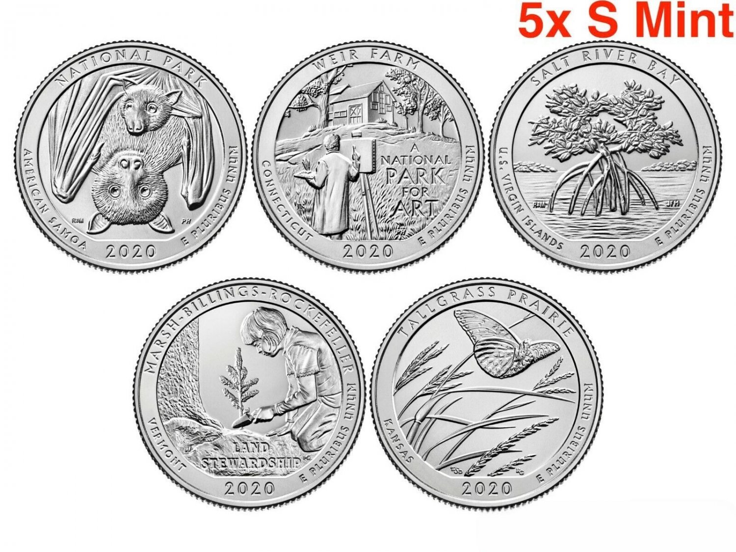 All Set 5 US Coins 2020 S Park Quarters Complete ATB Bats Weir Salt ...