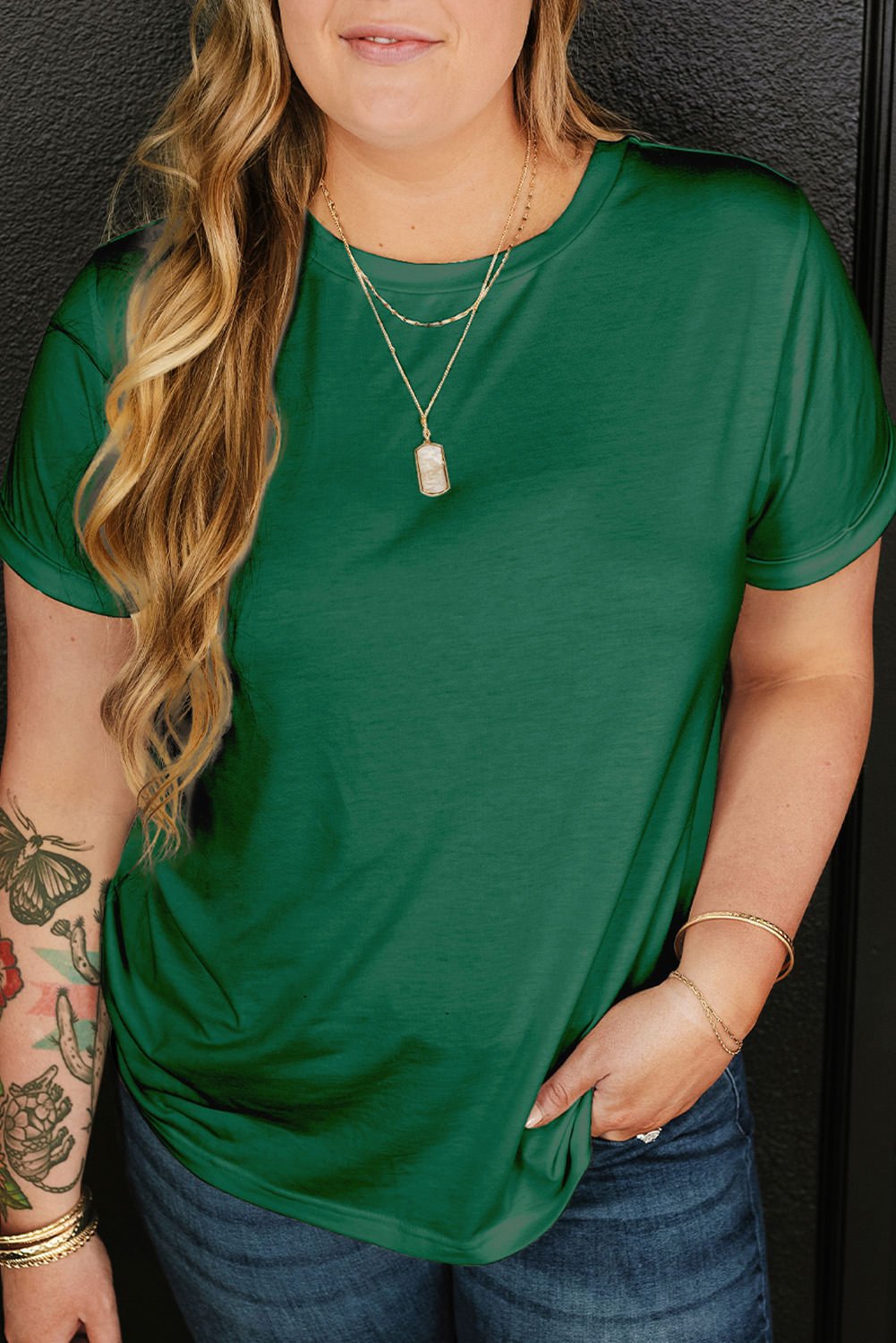 Dark Green Round Neck Rolled Sleeve Plus Size T Shirt