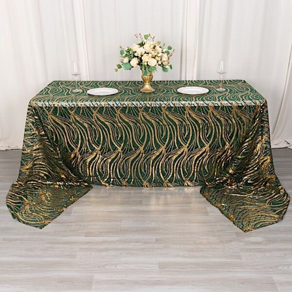90X156 In Hunter Green Gold Wavy Sequined Mesh Rectangle Tablecloth ...