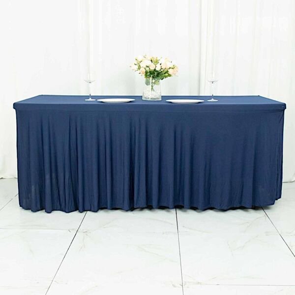 6 Ft Navy Blue Wavy Rectangular Fitted Tablecloth Premium Spandex Table ...
