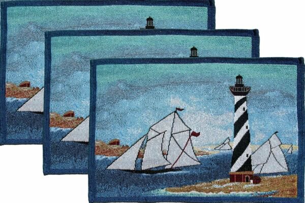 Set Of 3 Tapestry 13"X19" Nautical Sea Ocean Lighthouse Boats Placemats