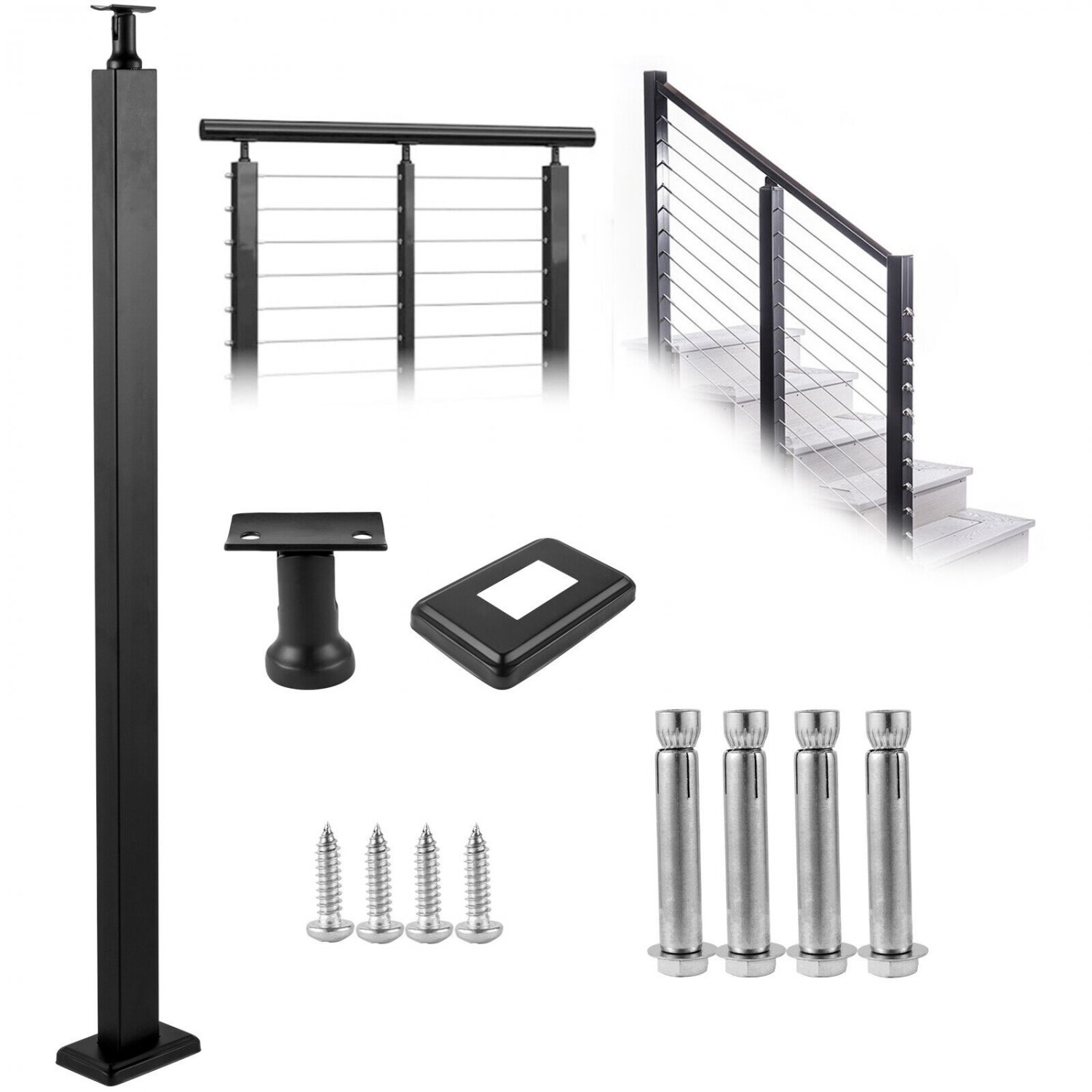 VEVOR Cable Railing Post Deck Railing 42x2x2"" DIY Post Without Holes Black