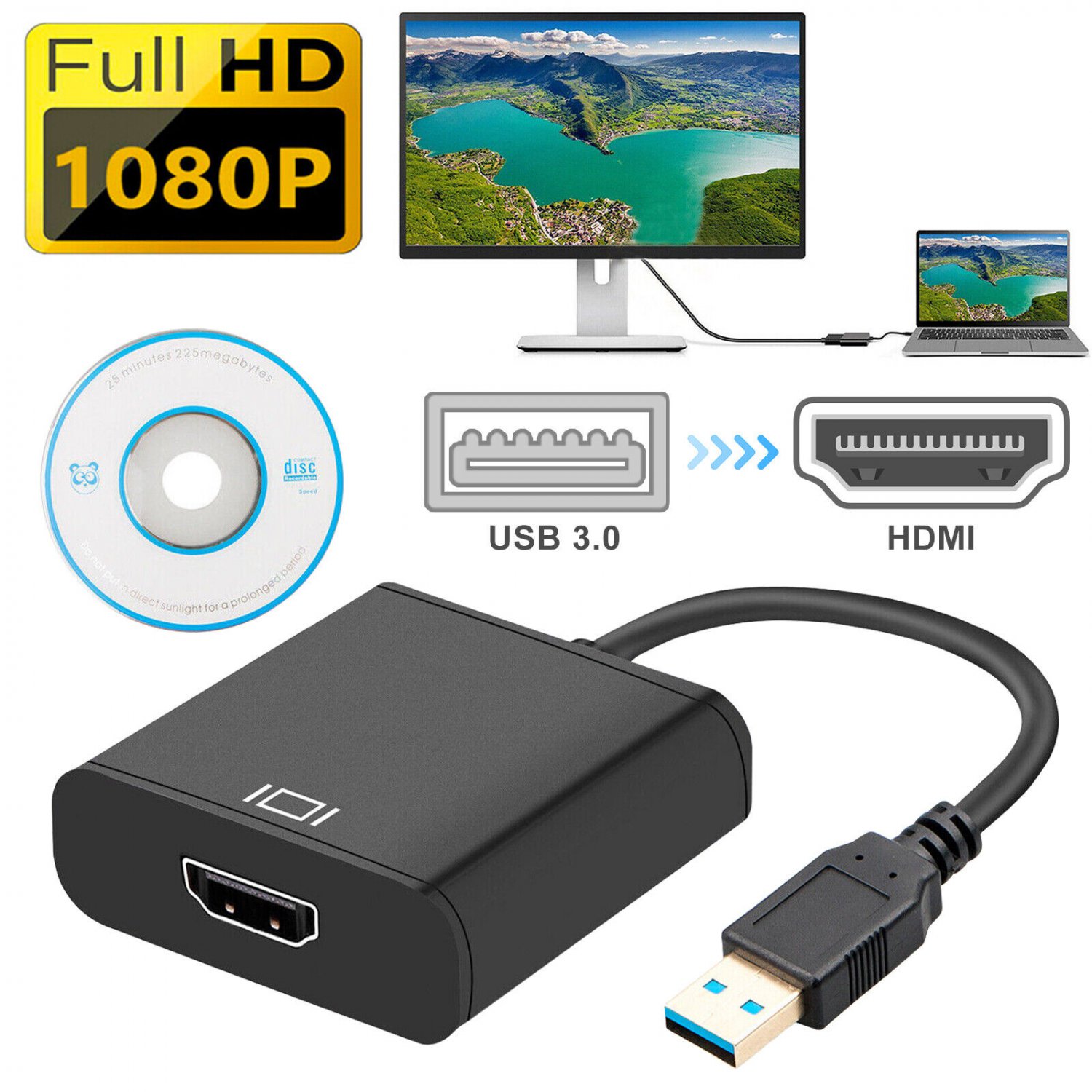 Usb 3.0 To Hdmi Video Cable Adapter Hd 1080P For Pc Laptop Hdtv Lcd Tv ...