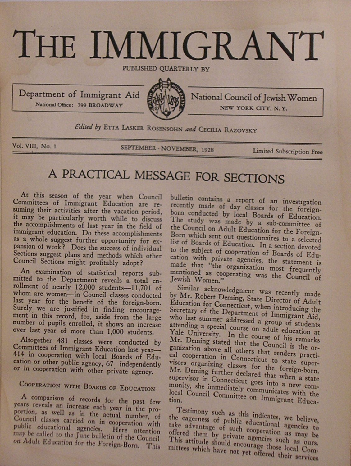 The Immigrant, New York, NY, 1921-1930 [Newspaper]