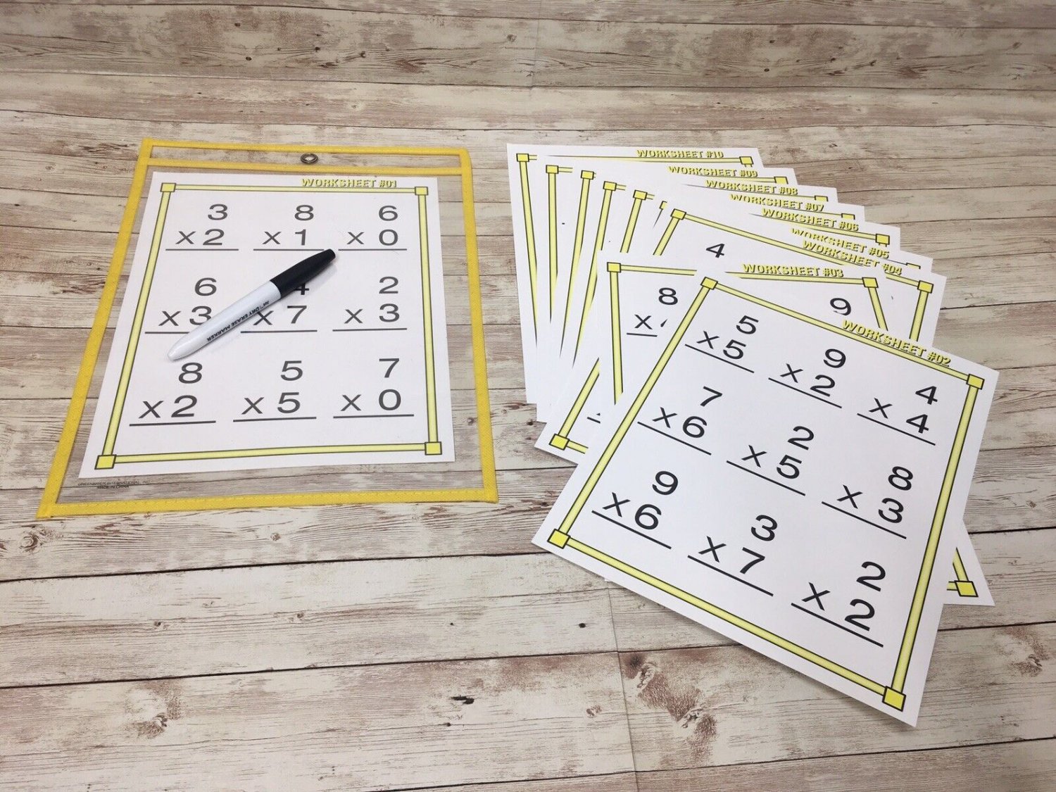 MULTIPLICATION FACTS KIT - 10 Worksheets - with Reusable Dry Erase Pocket