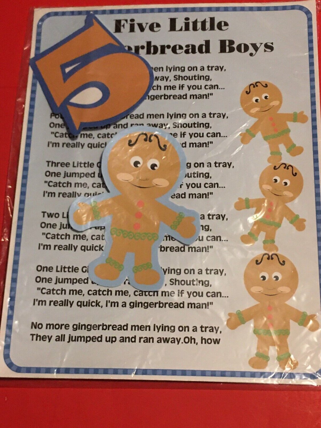 FIVE LITTLE GINGERBREAD MEN - LAMINATED - FLANNEL FELT STORY and PIECES