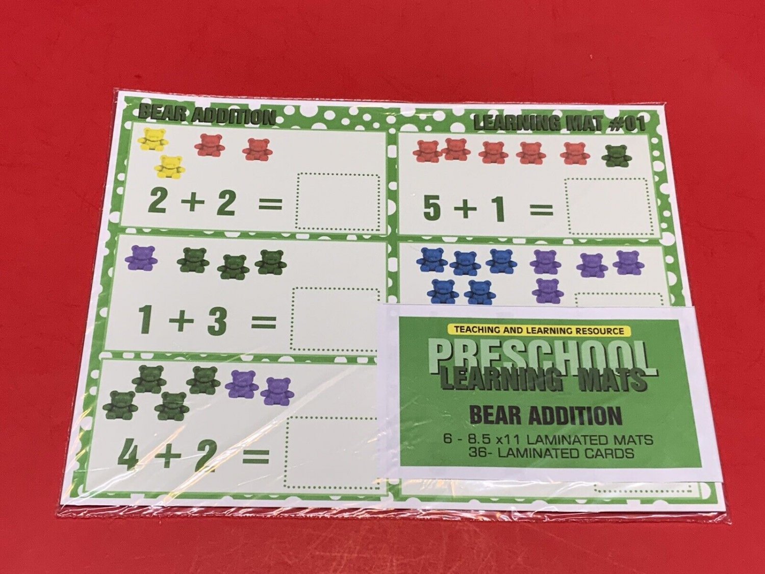 Bear counter Addition - Set of 6 Learning Mats / Cards - Laminated Activity