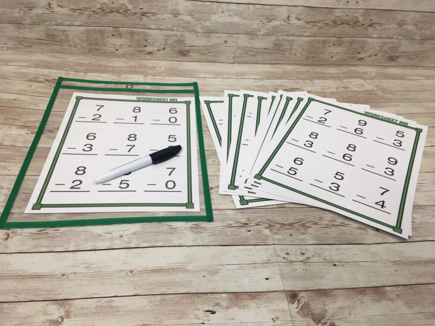 SUBTRACTION FACTS KIT - 10 Worksheets - with Reusable Dry Erase Pocket