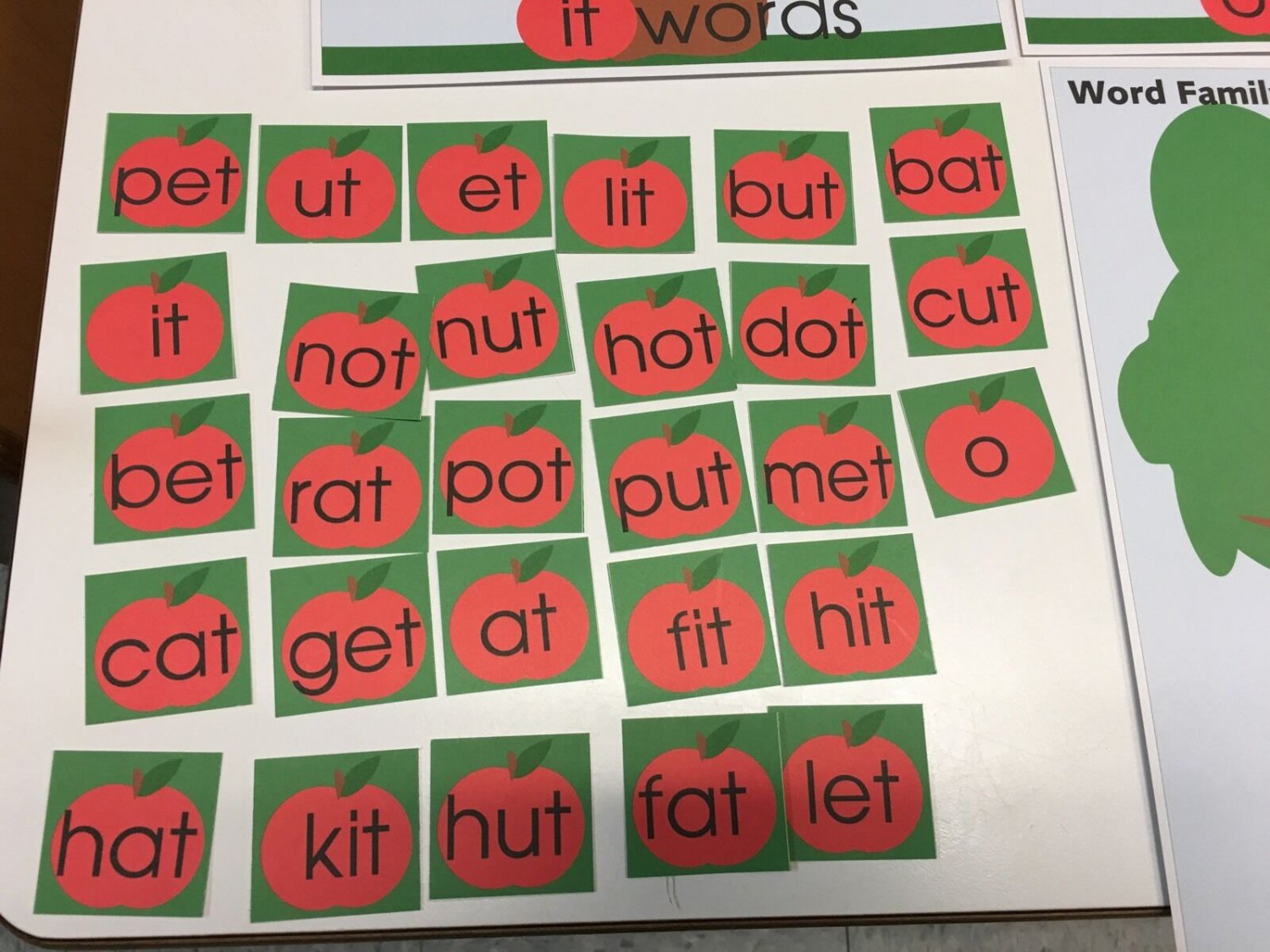 CVC Word Family Tree - Sorting - Laminated Mats and 30 Apple Word cards.