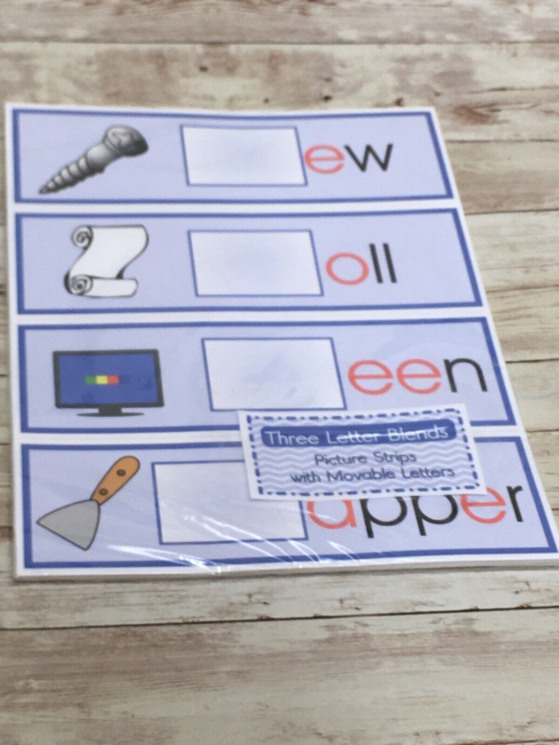 Three Letter Blends - 48 Picture Strips with Movable Letters Montessori