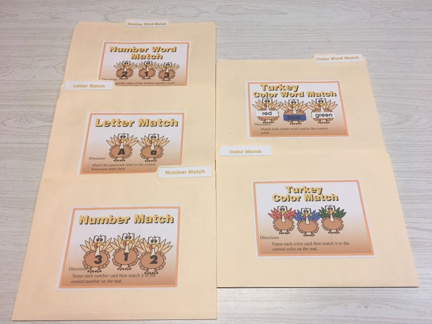 DIY KIT - 5 File Folder Set - Activity -Turkeys UNCUT