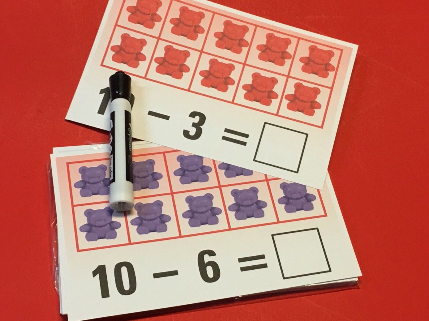 Bear Counter Subtraction Tens frame - 20 Laminated Dry Erase Mats