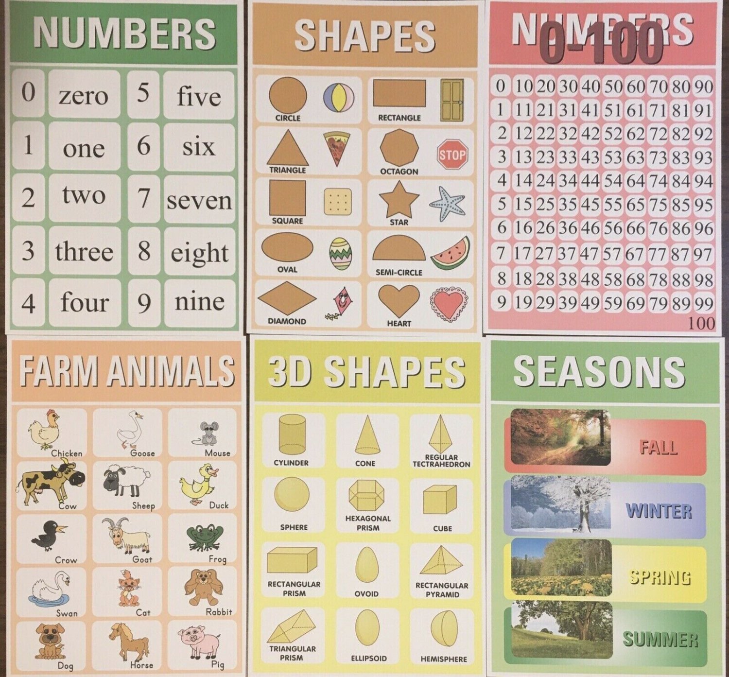 6 Educational posters for Kindergarten or Preschool 13x19 Set B EXTRA LARGE