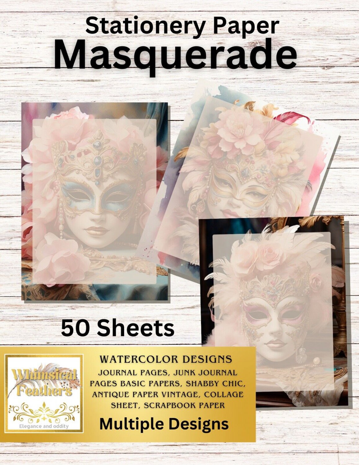 Masquerade Stationery Set - Watercolor Design - Writing Papers 50 Sheets
