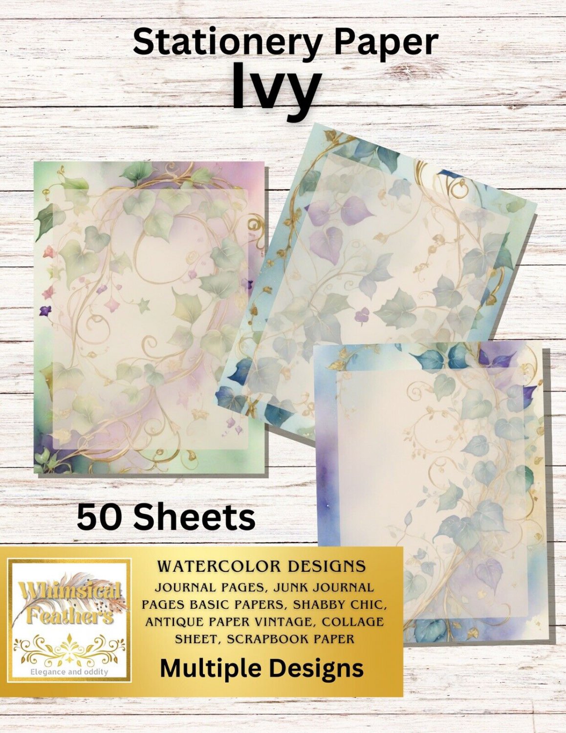 Ivy Stationery Set - Watercolor Design - Writing Papers 50 Sheets