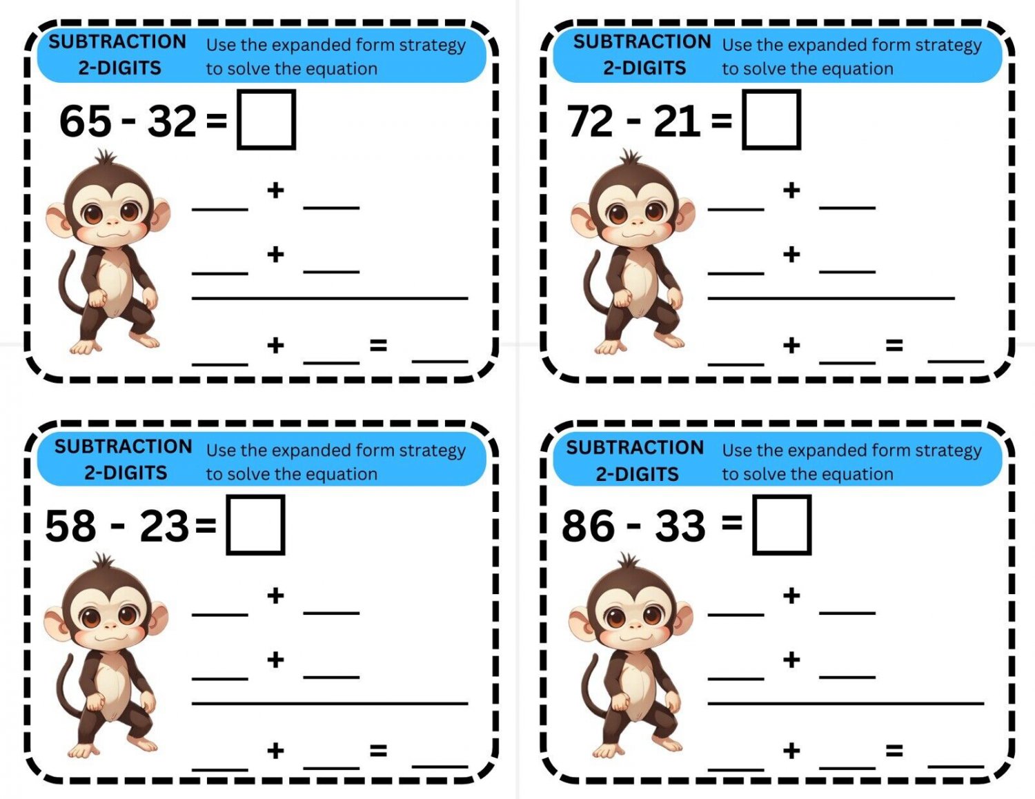 Subtraction 2-DIGIT - no Regrouping - 36 Cards - Laminated Activity ...