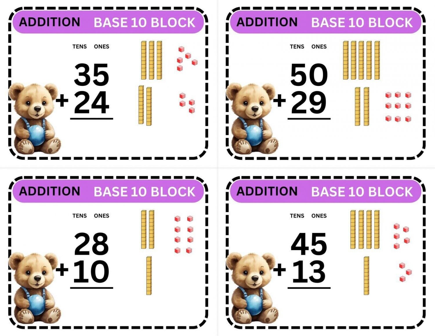 ADDITION Base10 - no Regrouping - 36 Cards - Laminated Activity - set #2