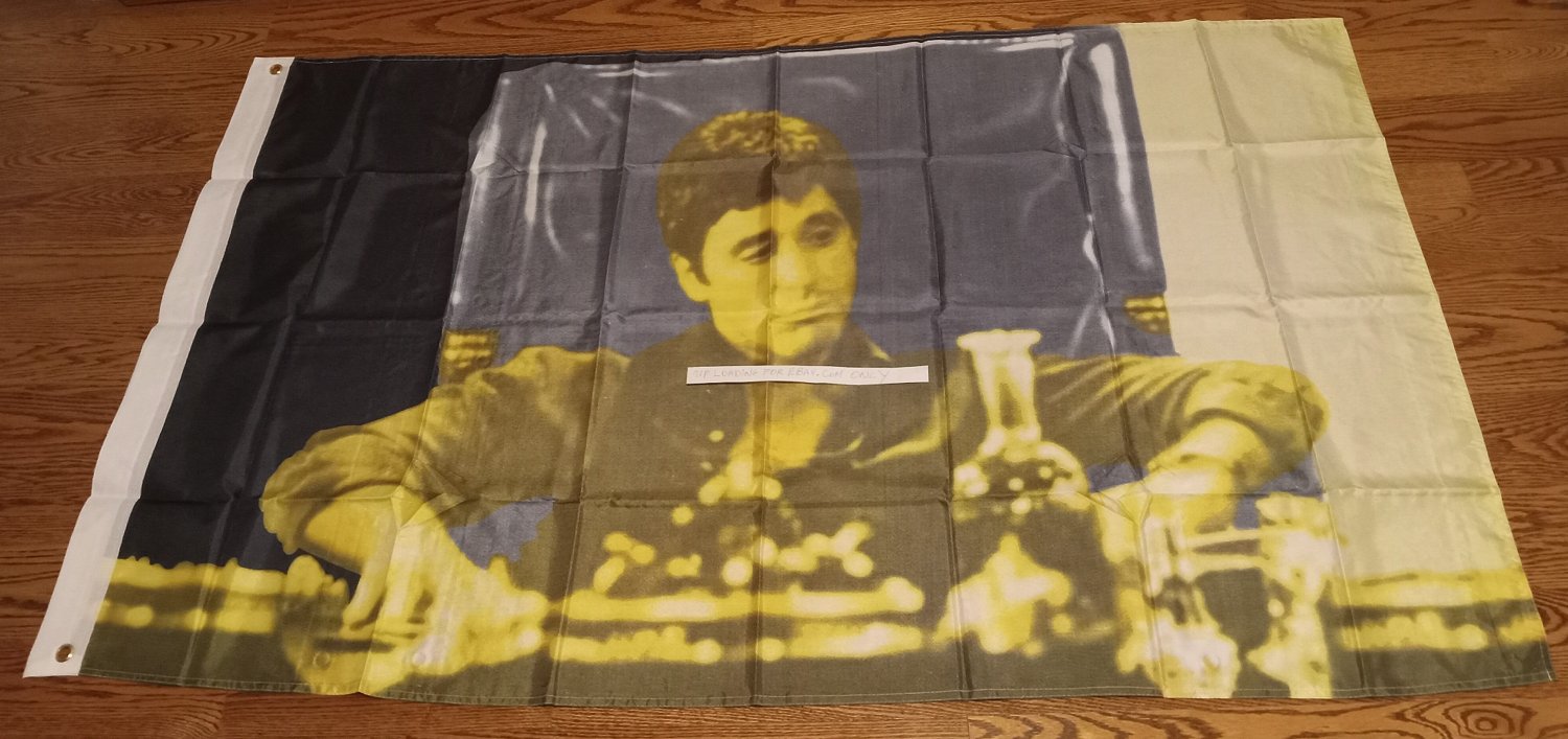 SCARFACE WITH YELLOW FACE SITTING FABRIC FLAG 35 X 60 3/4 INCHES!! VERY ...