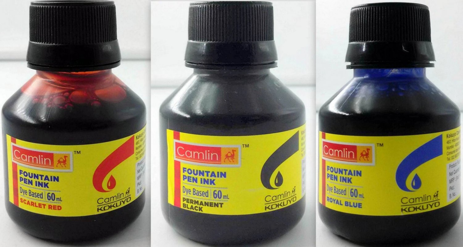 3 Camel Fountain Pen Ink BLACK BLUE RED Bottles 60 ml 2 oz Camlin 3 qty ...