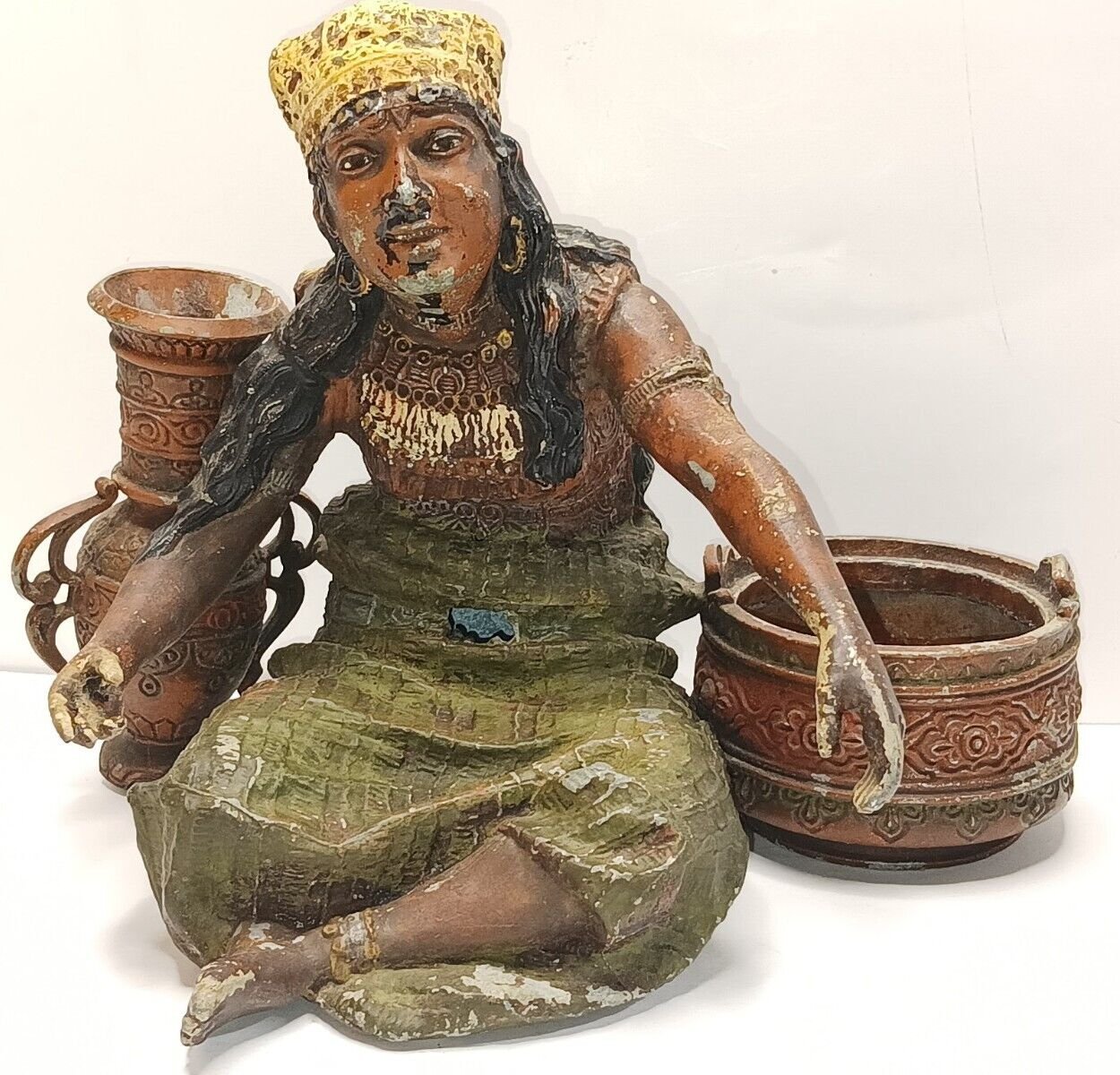 Antique Cold Painted Metal Gypsy Lady Smoking Stand ashtray match ...