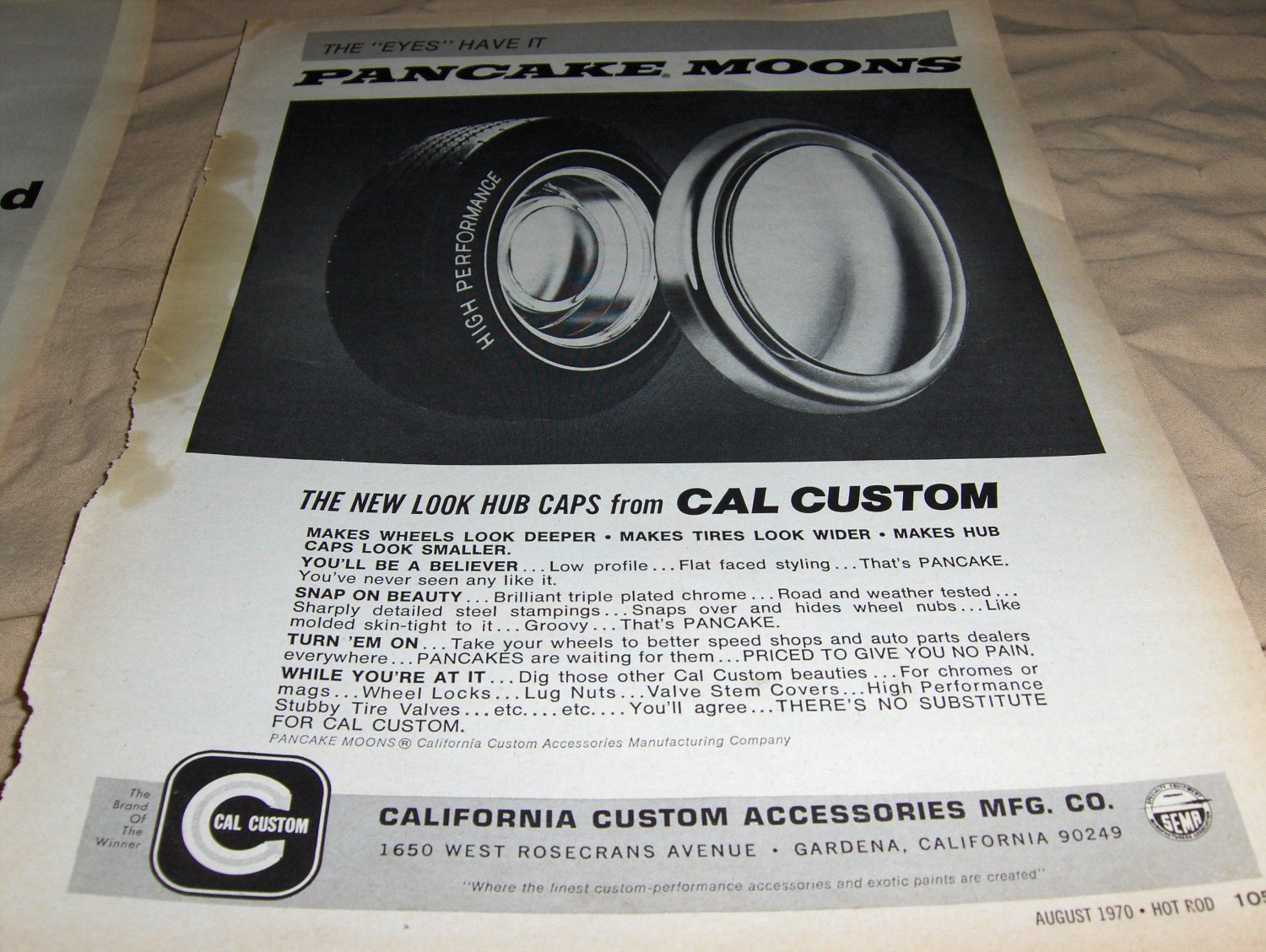 vintage advertisement for "Pancake Moons" hub caps by Cal Custom