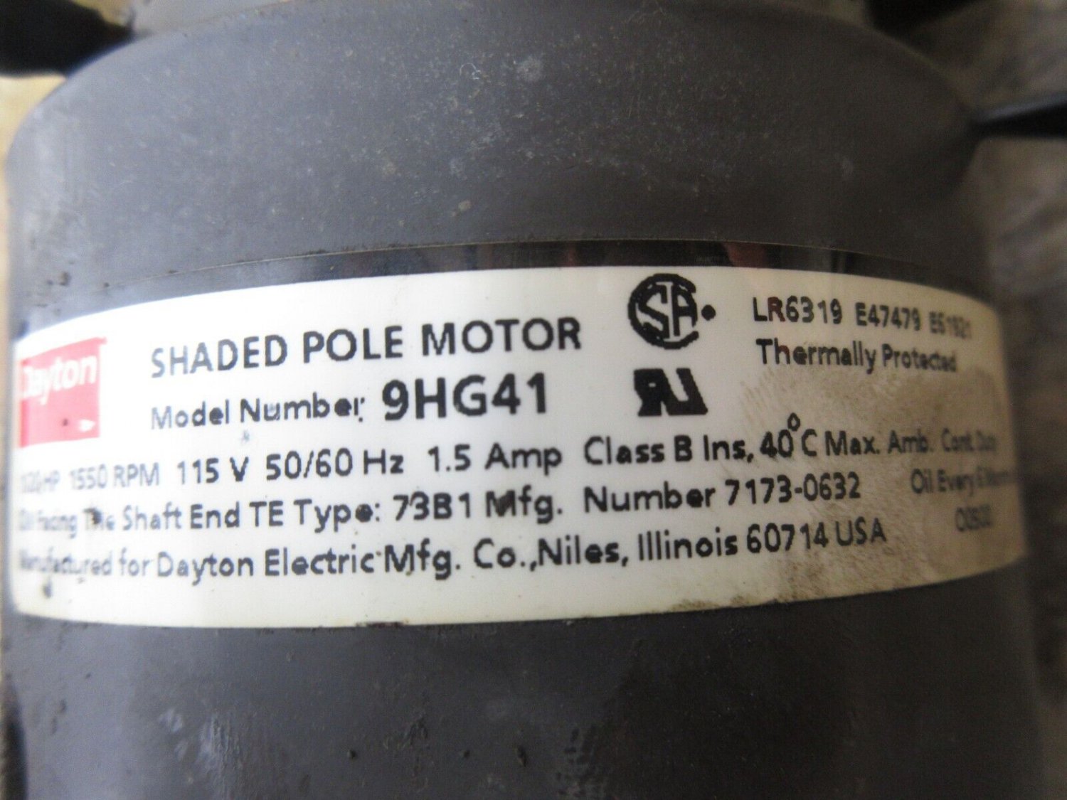 DAYTON SHADED POLE MOTOR 9HG41 LR6319 E47479 7543 BVC3 12/00 HAAS VF2 ...