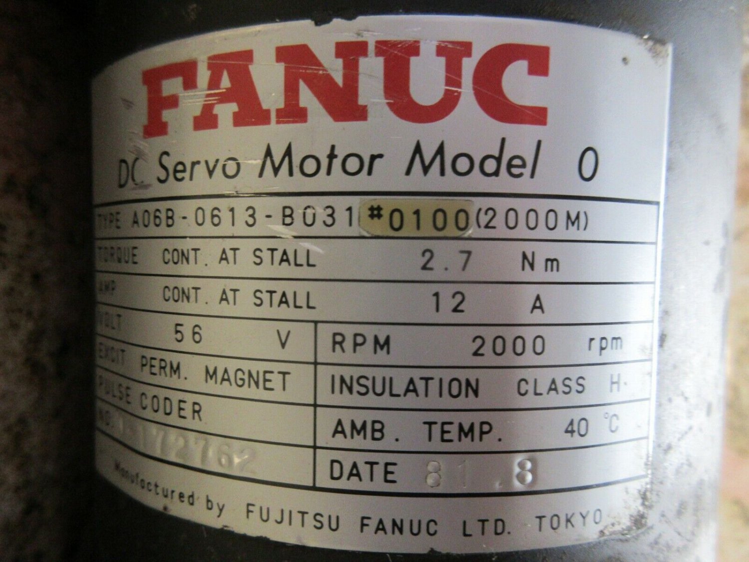 FANUC DC SERVO MOTOR MODEL 0 A06B-0613-B031 #0100 (2000M) MORI SEIKI