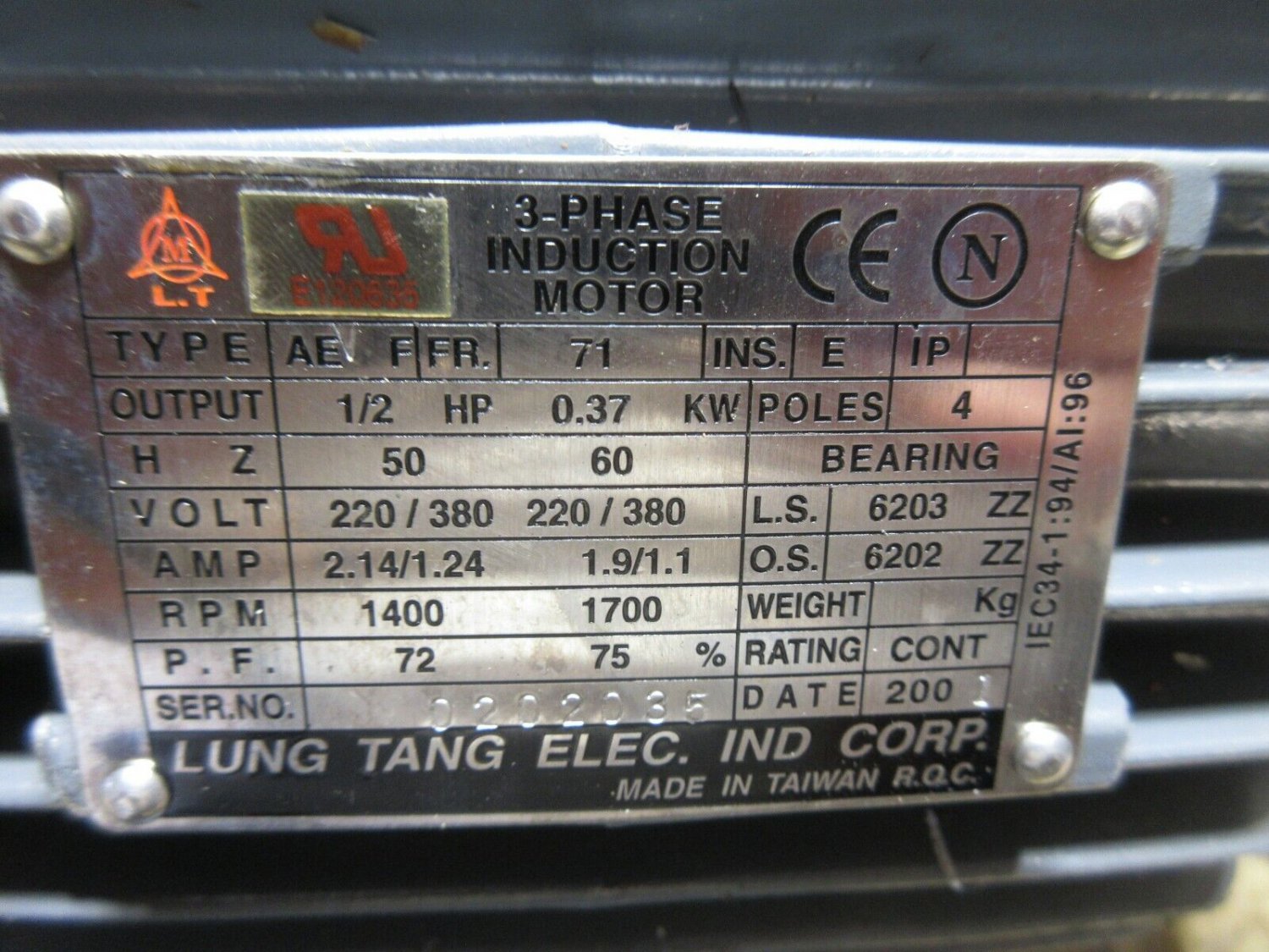 LUNG TANG ELECTRIC MOTOR PUMP TYPE AEV F IEC34-1:94/AI:96 FADAL 5020 ...