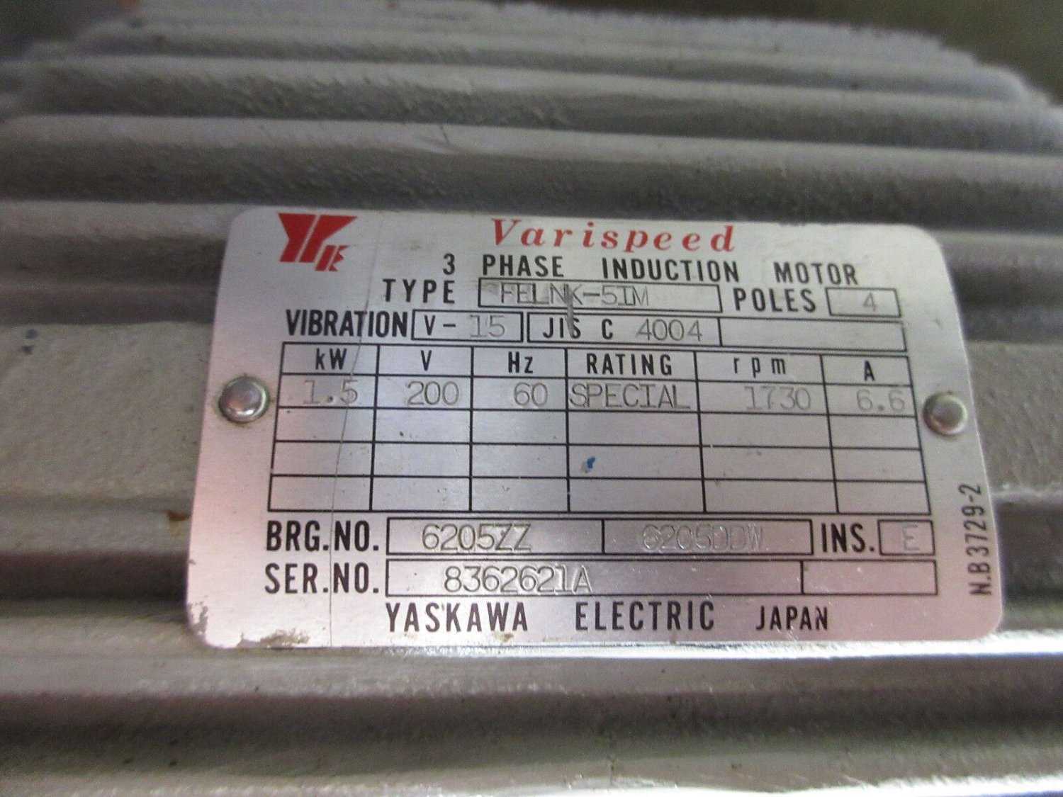 YASKAWA VARISPEED 3 PHASE INDUCTION MOTOR FELNK-5IM JIS C 4004 200V FELNK-51M