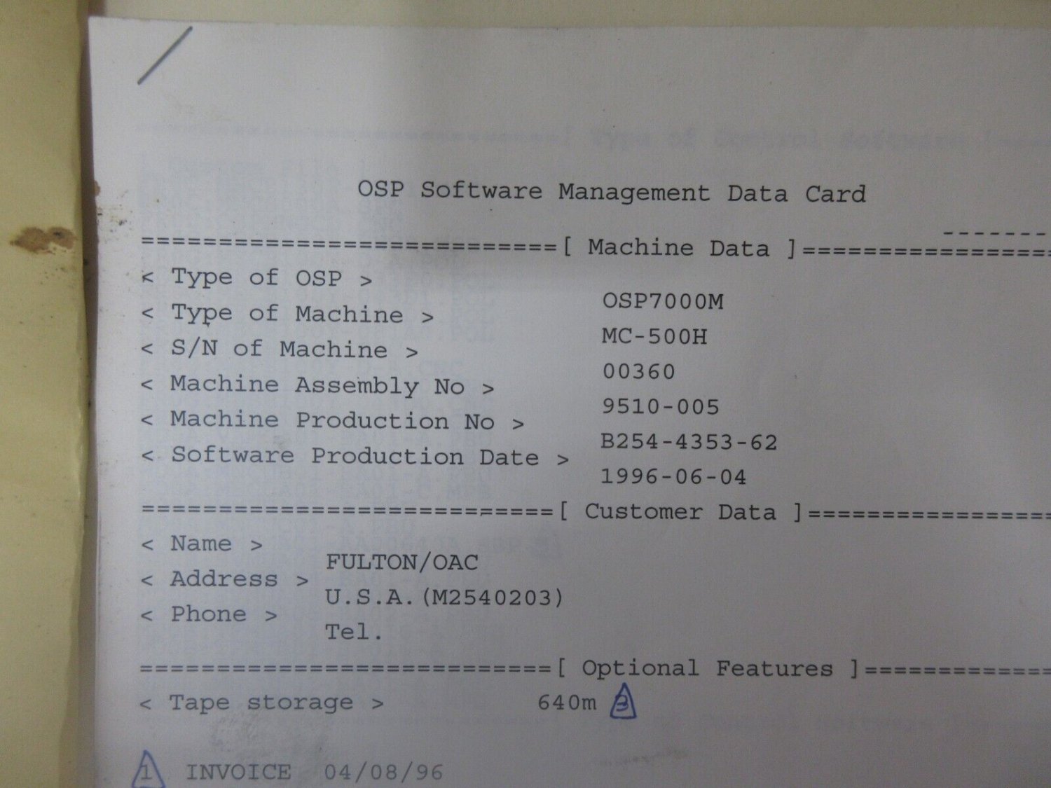 OKUMA OSP MANAGEMENT DATA CARD OSP7000M MC-500H 00360 9510-005 B254-4353-62