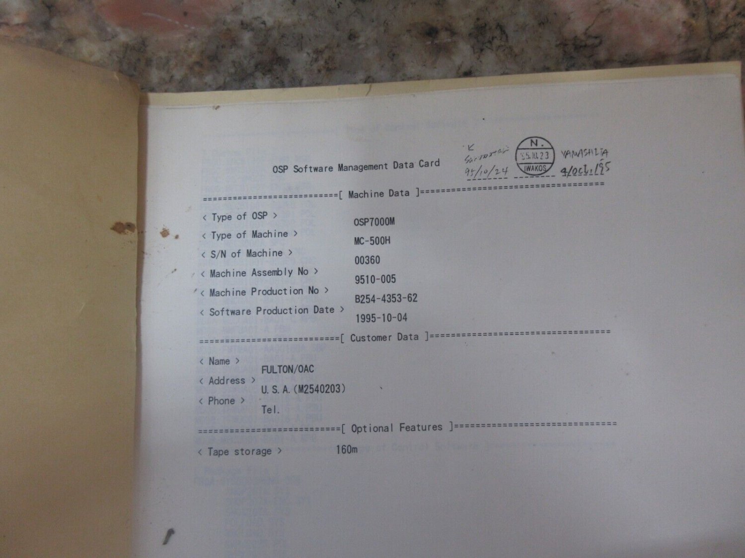 OKUMA OSP MANAGEMENT DATA CARD OSP7000M MC-500H 00360 9510-005 B254-4353-62