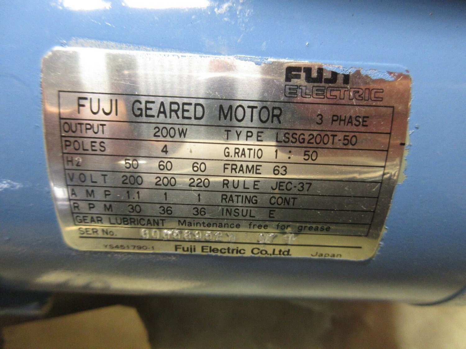 FUJI ELECTRIC GEARED MOTOR TYPE LSSG200T-50 JEC-37 CNC BLUE COLOR WARRANTY