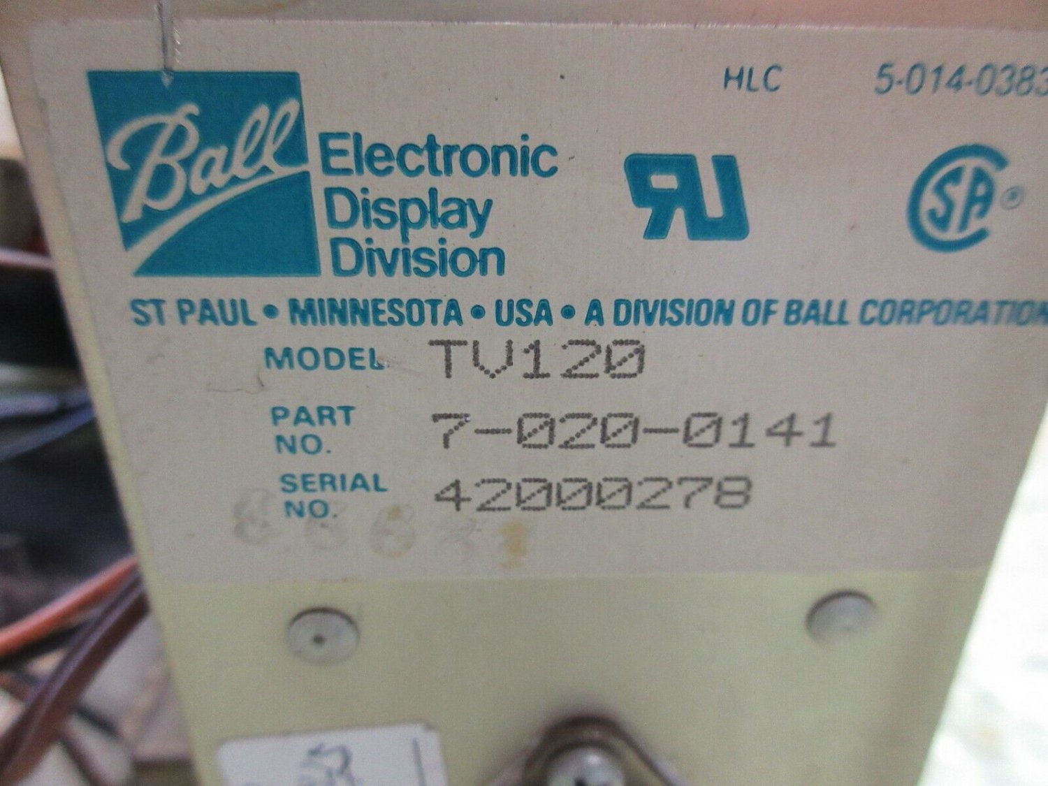 BALL CNC DISPLAY UNIT MODEL TV120 7-020-0141 5-014-0383 MONITOR WARRANTY