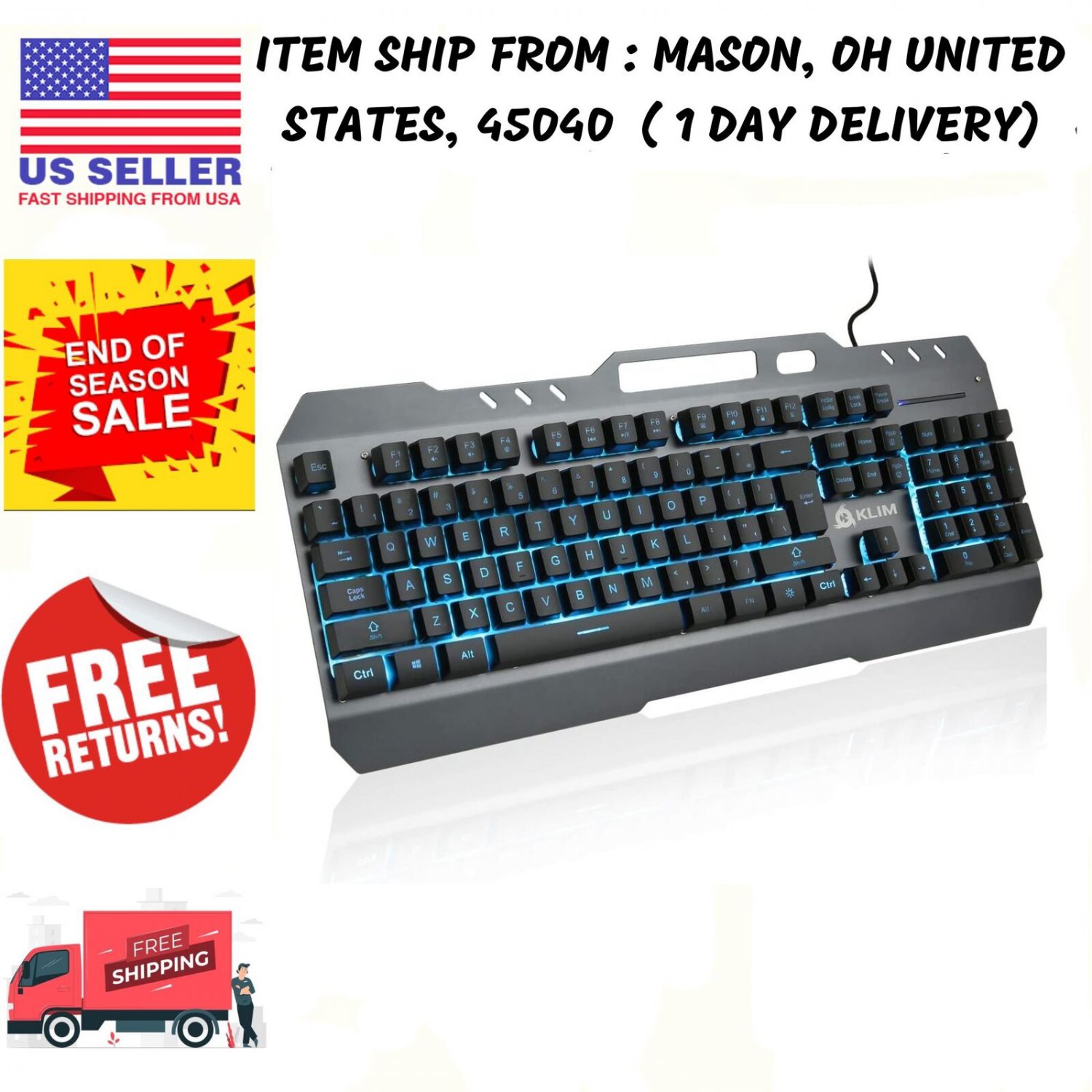 Gaming Keyboard Klim + 7 LED Colors + Metal Frame with PC Mac PS4 Xbox One