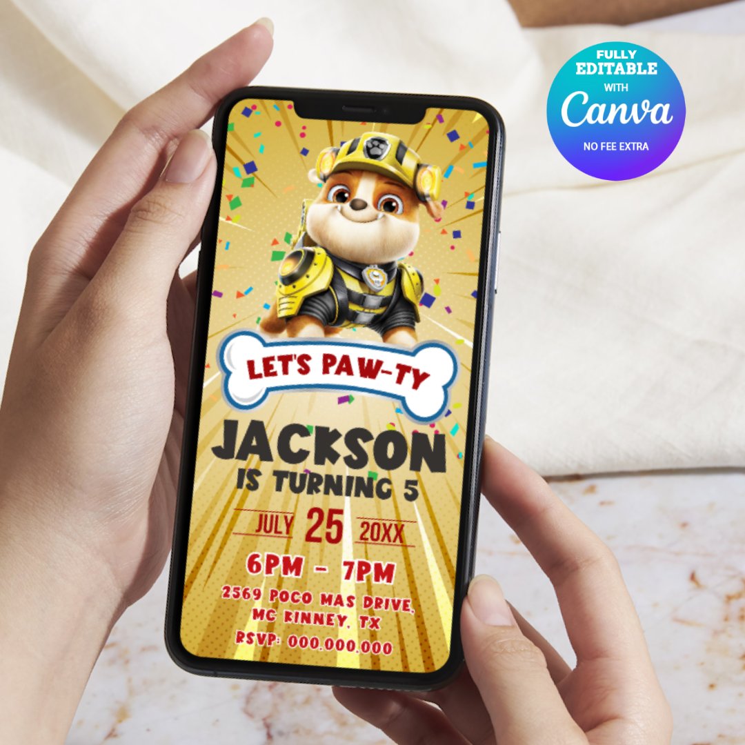 Rubble Paw Patrol Birthday Invitation, Rubble Paw Patrol E-Invite ...